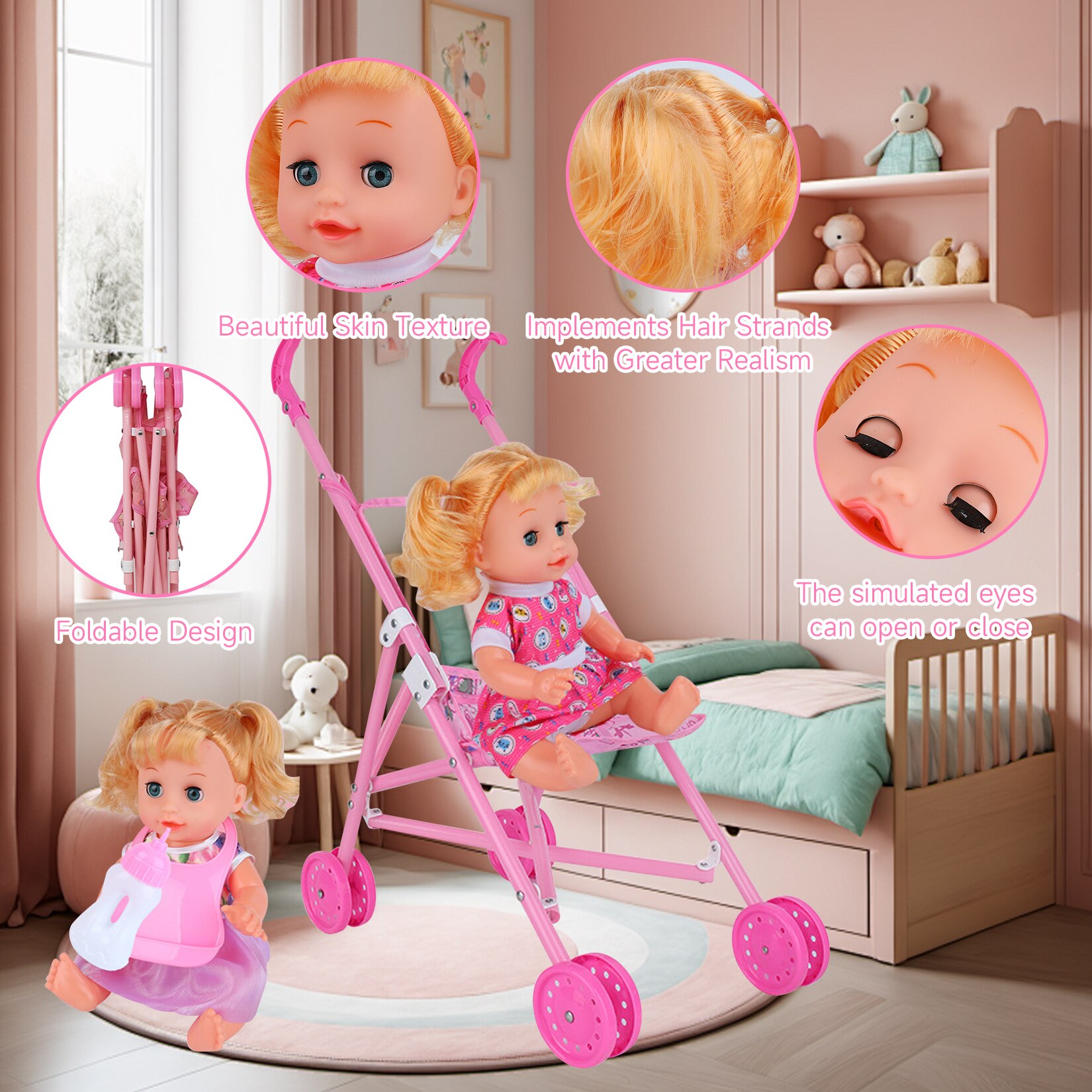 Papusa bebe cu carucior si accesorii Wacorresi®, detalii realiste, ochi ...