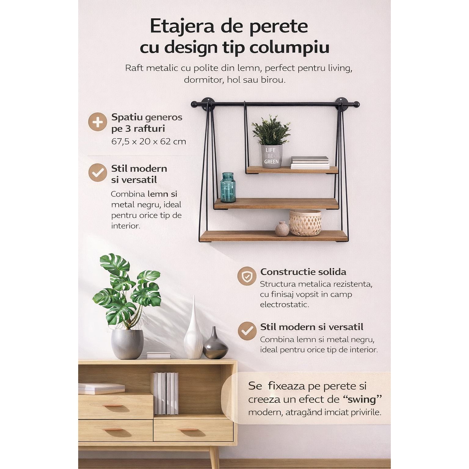 Etajera de perete Home Deco Factory, model swing cu 4 rafturi ...