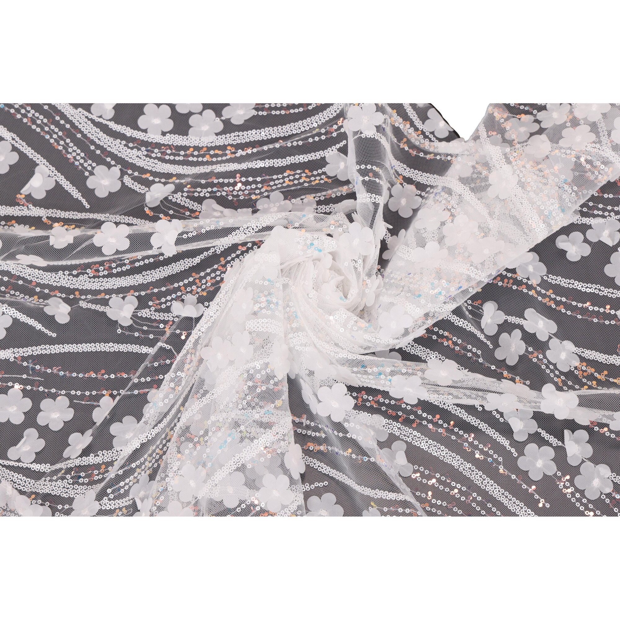 Material textil Tul cu paiete, Model 1, Culoare Alb, 100%, Dimensiuni ...
