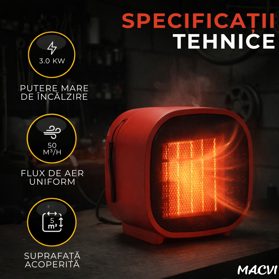 Aeroterma electrica Macvi® 3kW cu termostat, incalzitor ceramic PTC cu ...