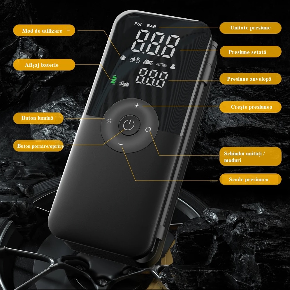 Compresor Auto Portabil Zenva 10 Bari, Baterie 5200 mAh, Iluminare LED ...