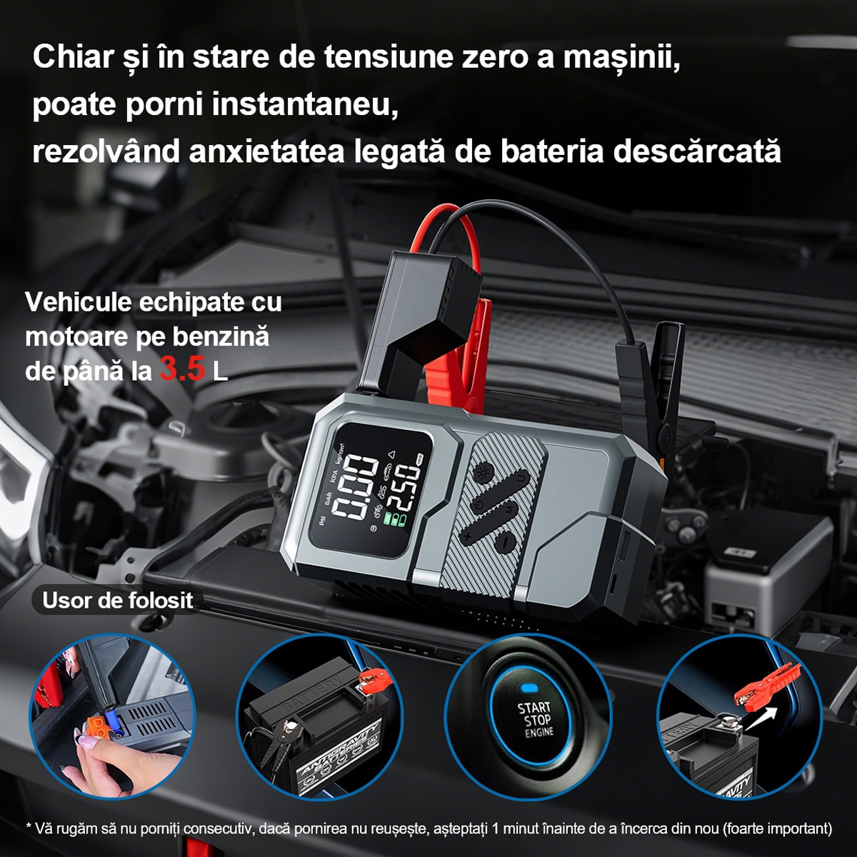 Starter Auto, 12V, 2000A, Baterie Externa/Compresor de Aer Functie ...