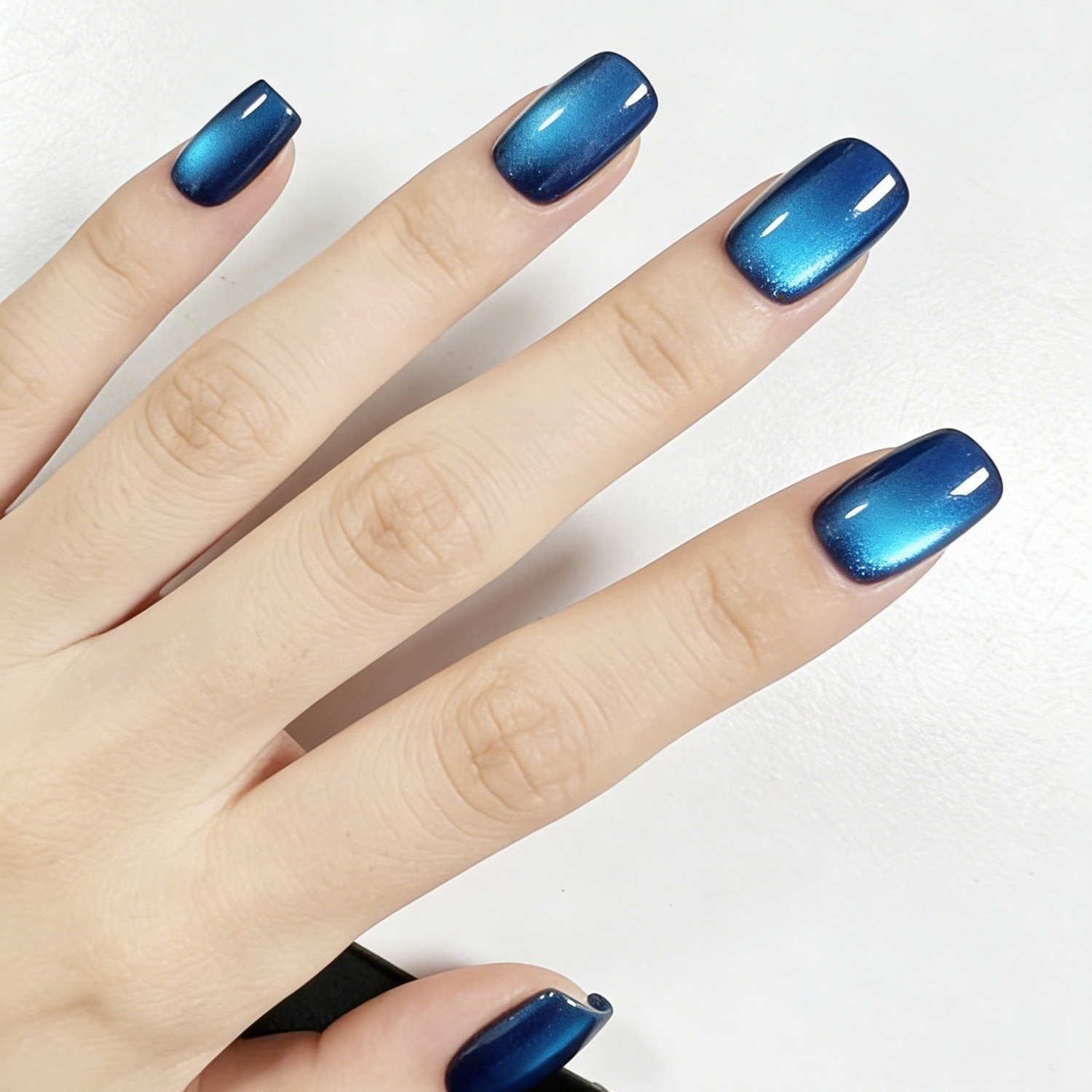 Set 30 unghii false press-on, efect cat eye, Negru-Albastru, 3 ...