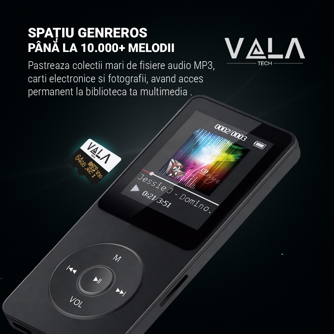 MP3 Player Vala Tech®️ 64G, Bluetooth 5.0, Ecran TFT 1.8”, Baterie 30H ...