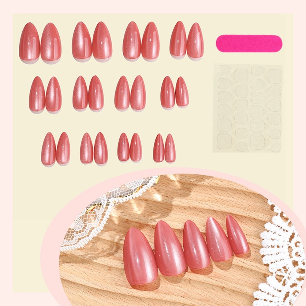 Set unghii false cu efect Cat Eye, forma migdala, finisaj stralucitor ...