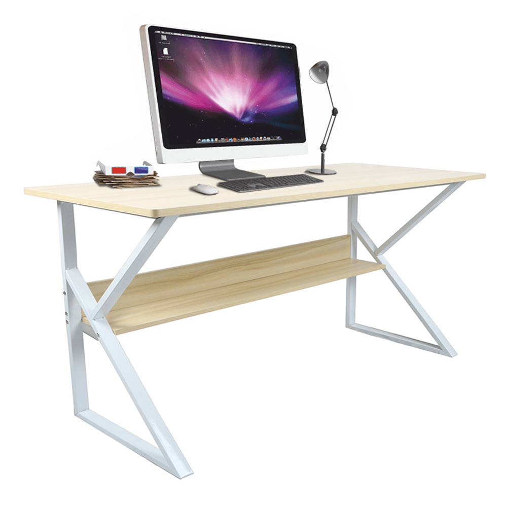 Birou, alb/stejar natural, din MDF si metal, design modern, cu raft ...