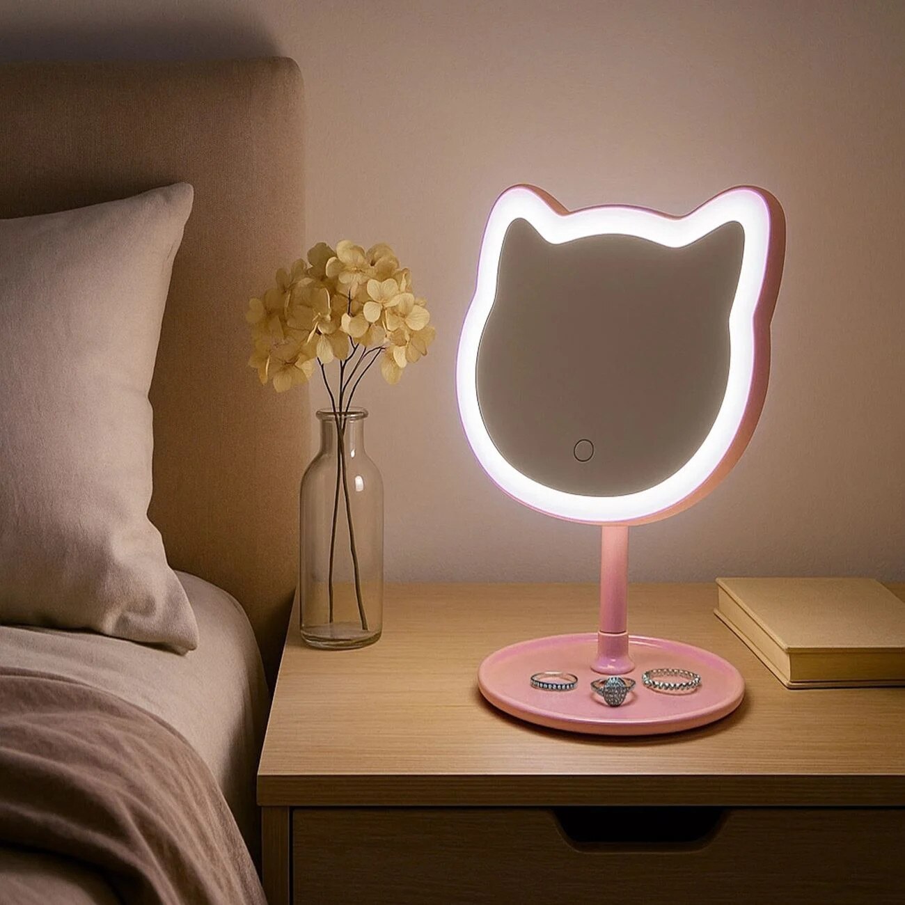 Oglinda Machiaj cu 31 Becuri LED in Forma de Cap de Pisica Roz ...