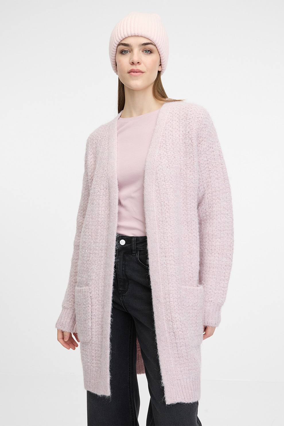 ORSAY, Cardigan lung din amestec de lana fara inchidere, Roz pal, M ...