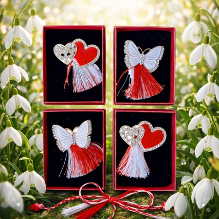 Set de 4 Brose Martisor, HYVESTO, Alb/Rosu, 8x6x2 cm - eMAG.ro