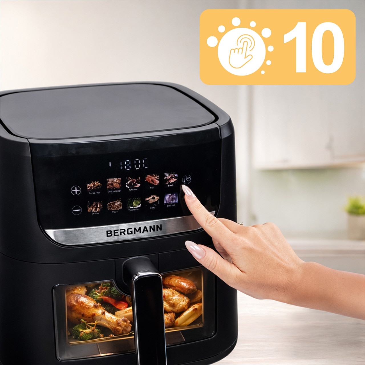 Friteuza cu aer cald BERGMANN YI, 8L, 1750W, 10 programe, touchscreen ...