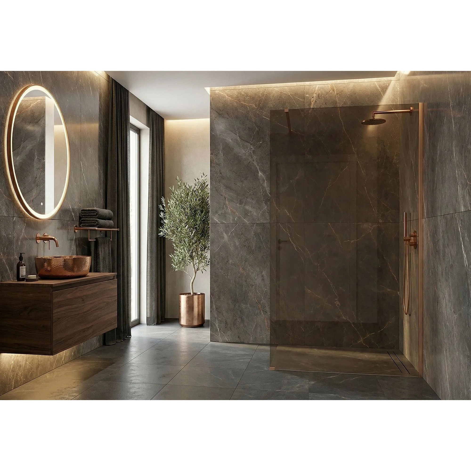 Cabina de dus Walk-in Rea Flexi Brown, cupru periat, sticla fumurie ...