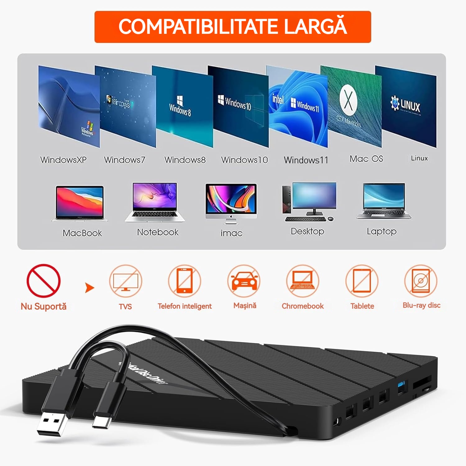 Unitate externă CD/DVD portabilă, neagră, USB 3.0, 15, 5x14, 3x2, 3cm ...