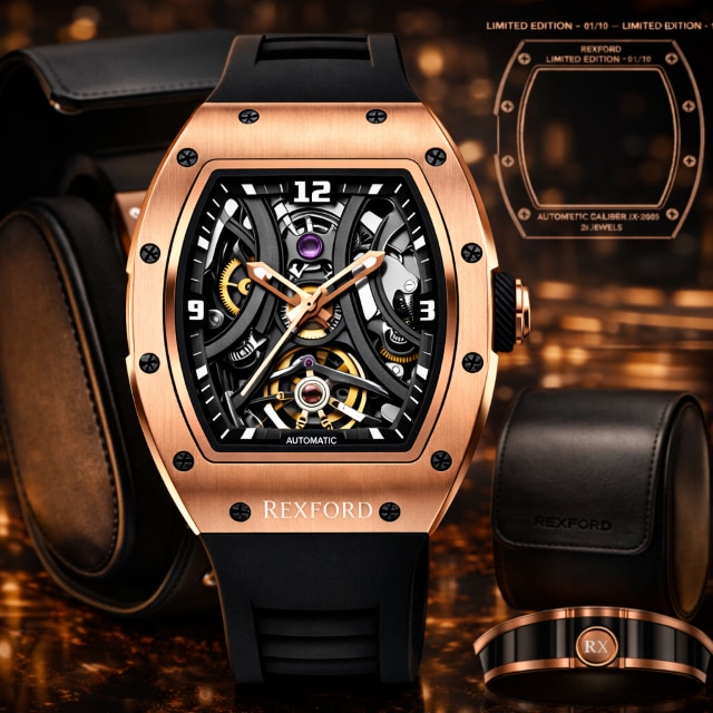 Ceas REXFORD LUXURY Mechanical Automatic Skeleton, 25 Rubine, Black ...