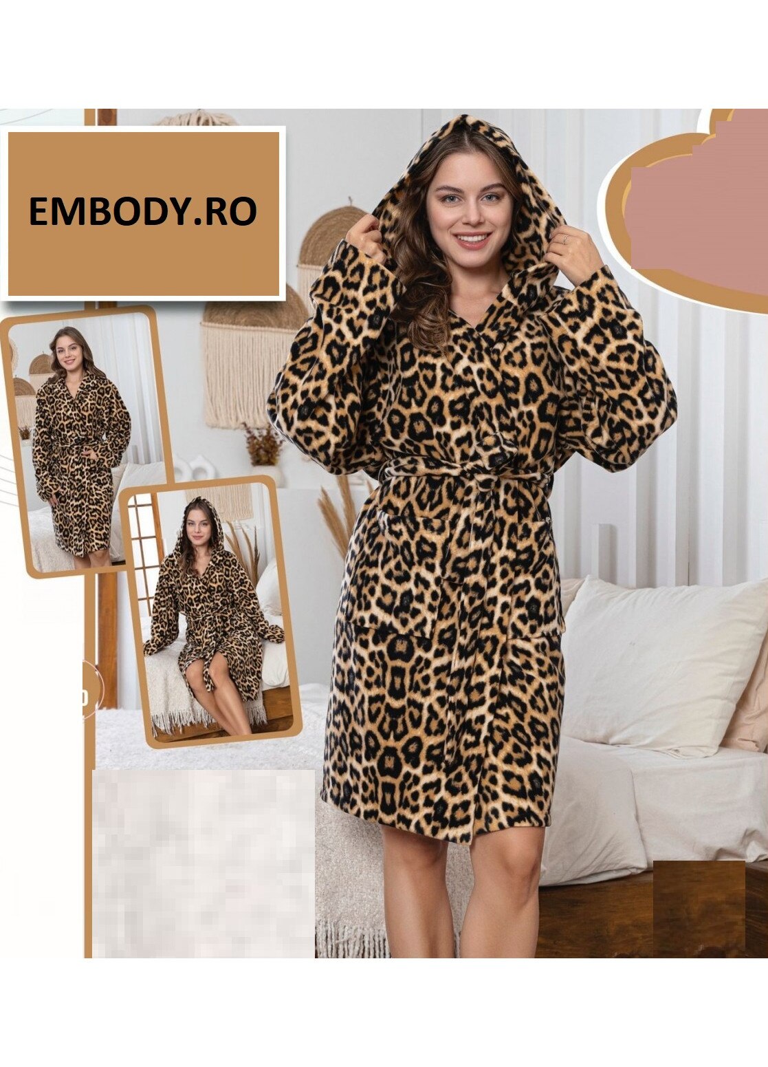 Halat dama cocolino, imprimeu animal print, pufos, maro, XL - eMAG.ro