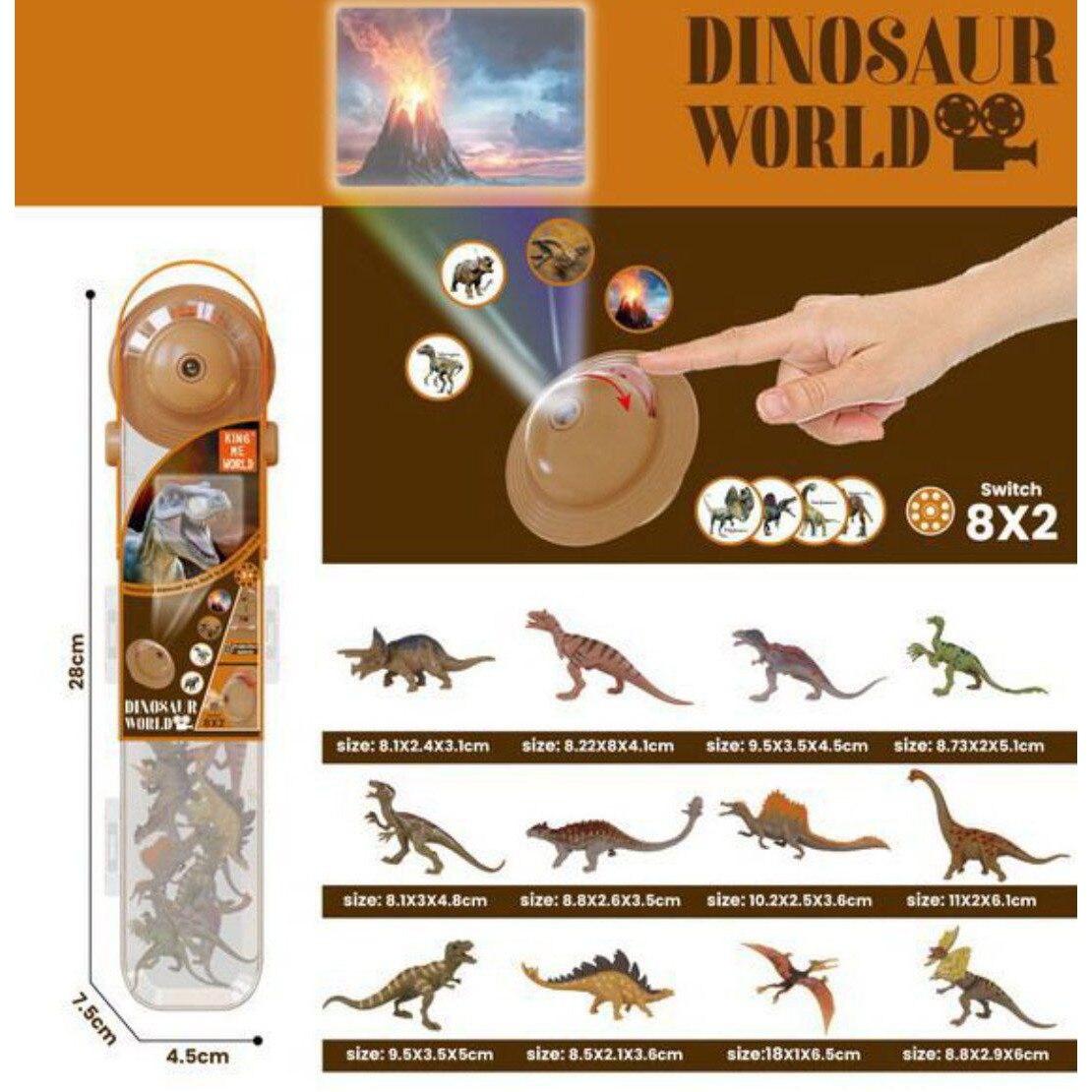 Mini-proiector cu 12 imagini cu dinozauri, 28×5×8 cm, maro - eMAG.ro