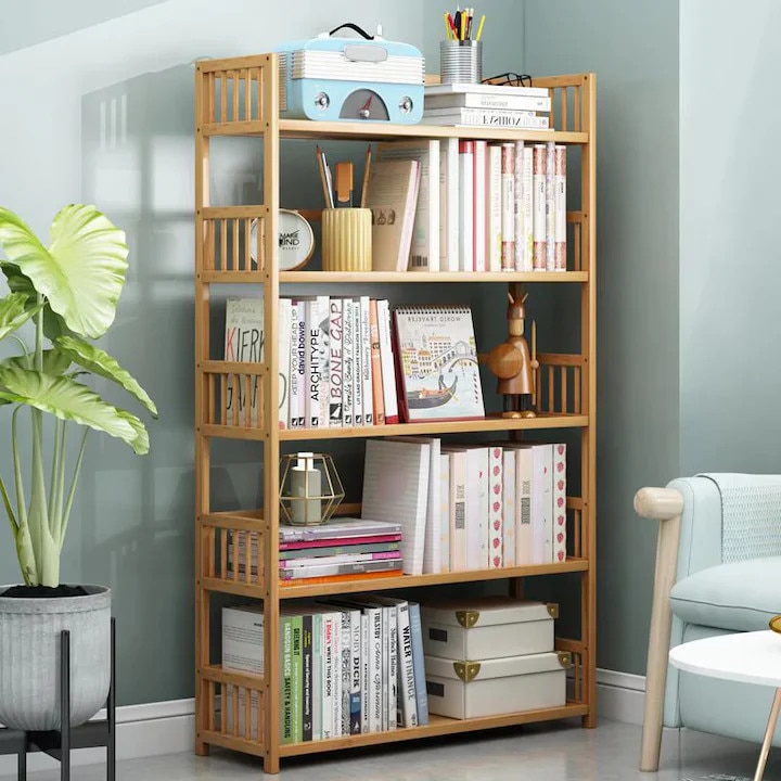 Biblioteca bambus 5 rafturi, 80x25x133 cm, design natural - eMAG.ro