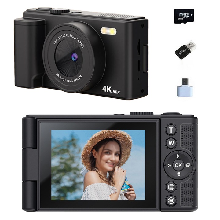 Aparat foto digital compact Aiorber 64 MP, ecran rabatabil, negru, card ...