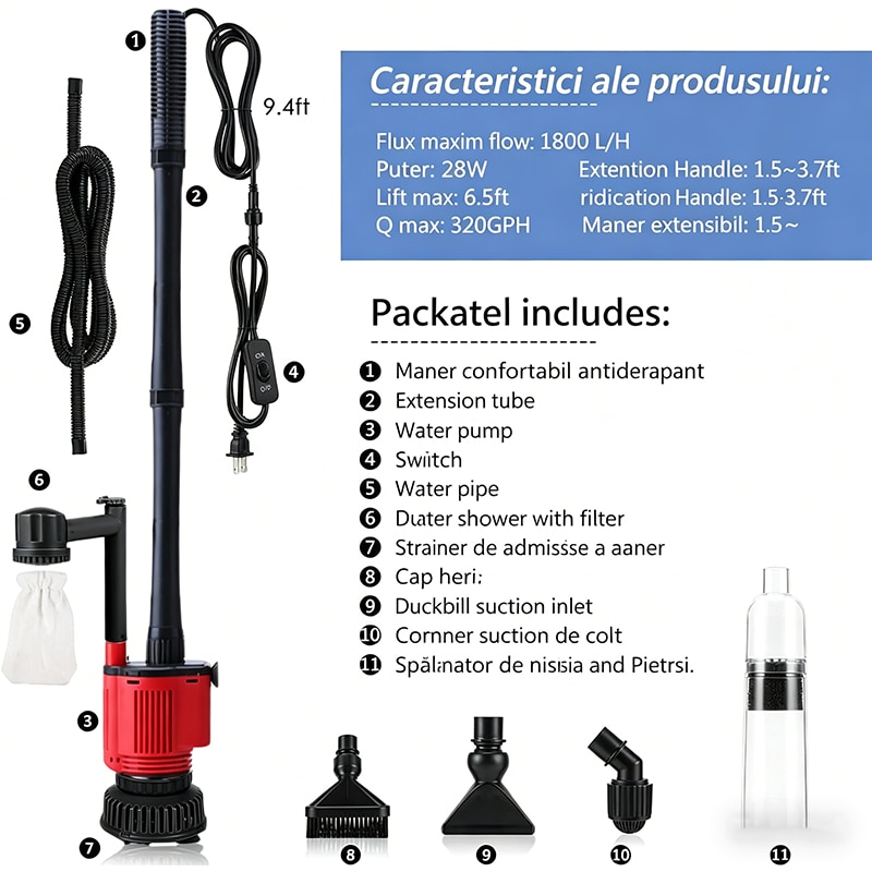 Aspirator electric acvariu 6 in 1, Duueyct, retractabil 47-115cm, 1800 ...
