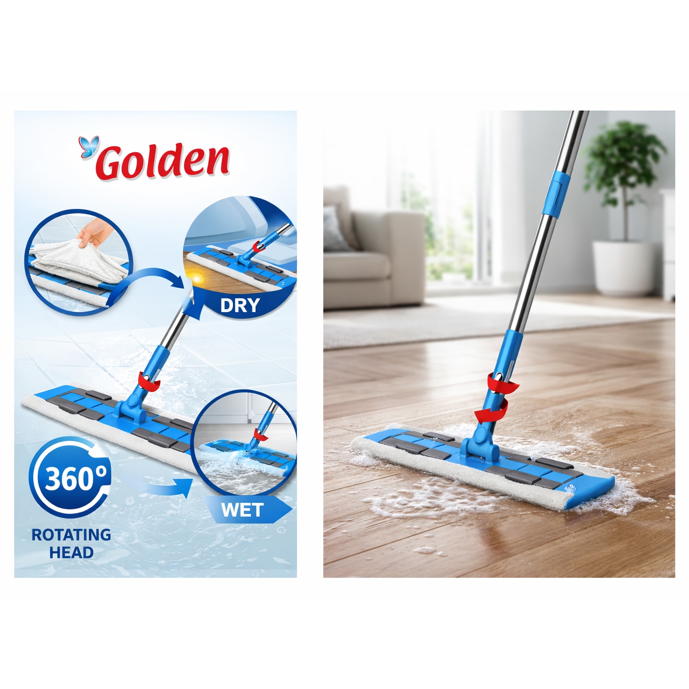 Mop plat pentru curatare uscata si umeda Golden, cap rotativ 360 ...