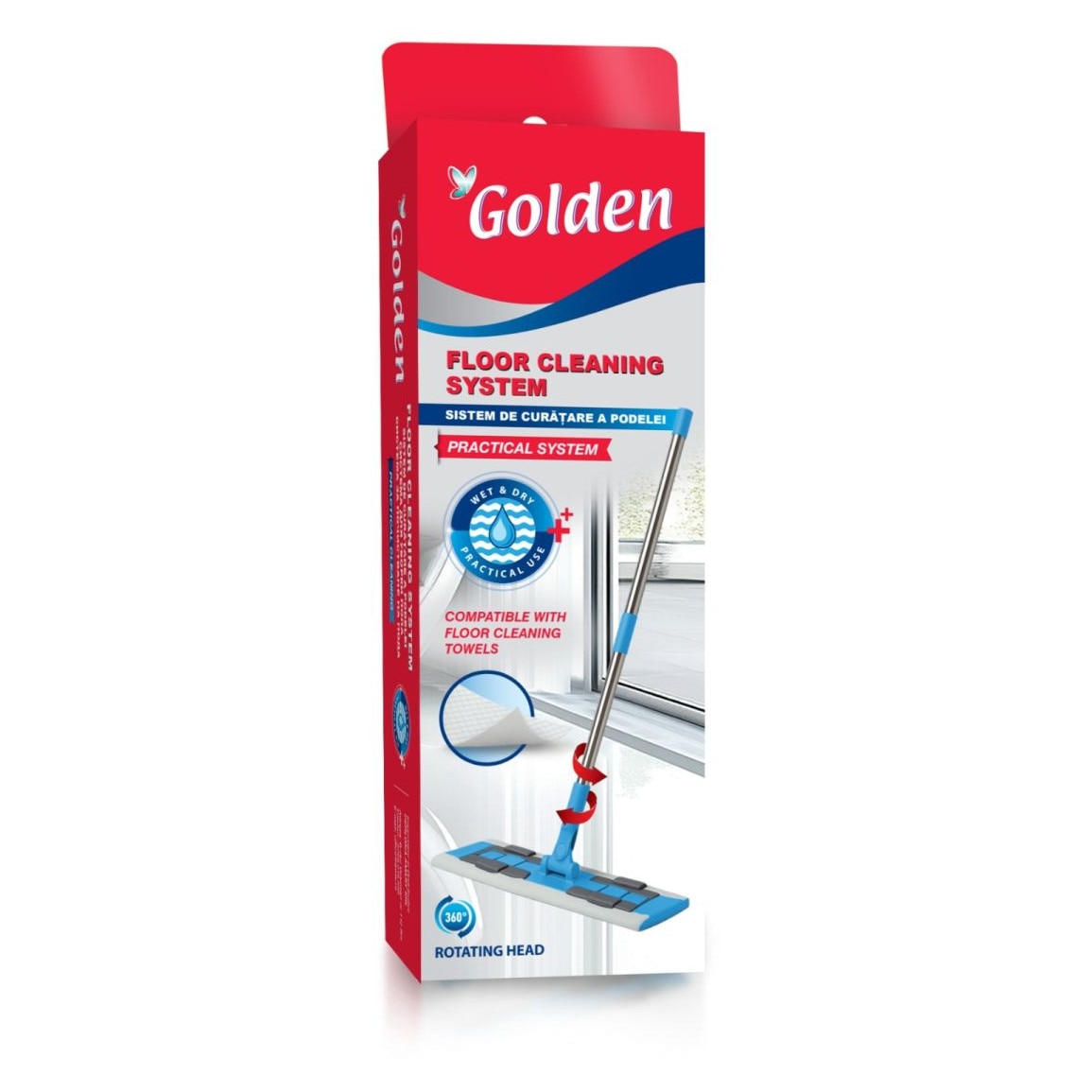 Mop plat pentru curatare uscata si umeda Golden, cap rotativ 360 ...