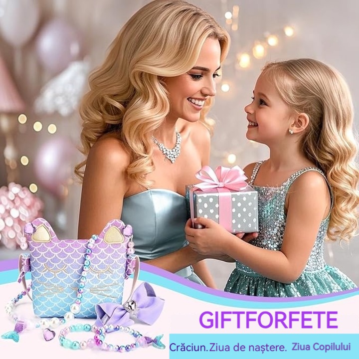 Geanta pentru fetite Kengege®, set bijuterii, design pisicuta ...