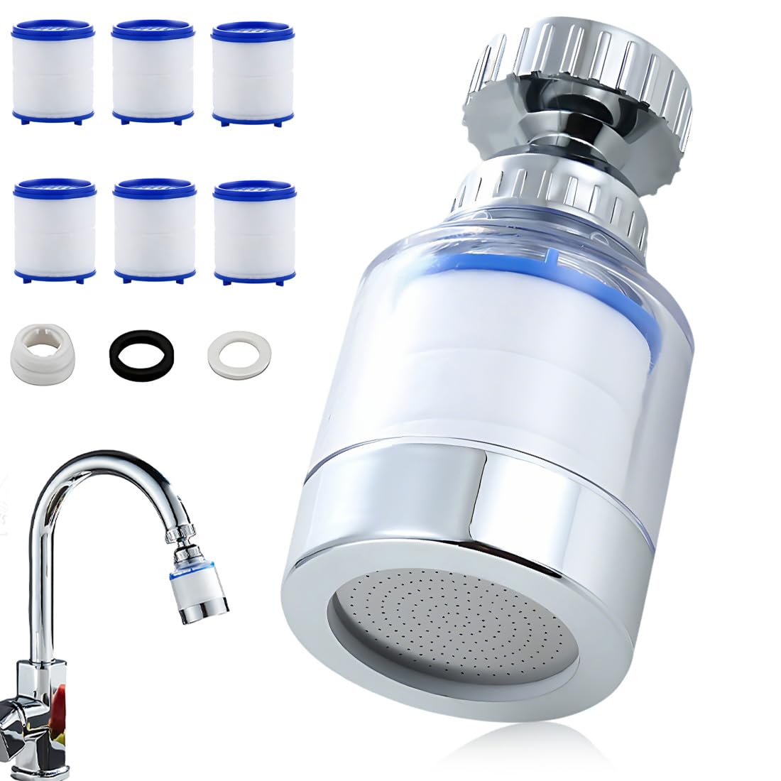 Filtru de apa pentru robinet, ABS si inox, 5 cartuse de schimb, rotire ...