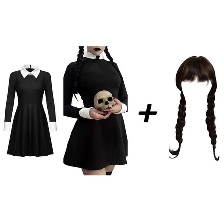 Costum carnaval fete Wednesday Addams rochie neagră cu perucă - S - eMAG.ro