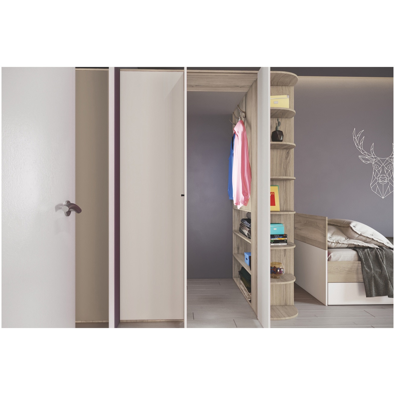 Set Mobila Dormitor tineret Irim Space, pat 90x200 cm, dulap colt ...