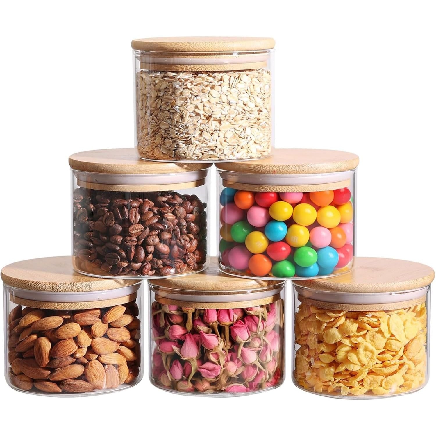 Set 6 borcane din sticla 450 ml cu capac din lemn si inchidere etansa ...