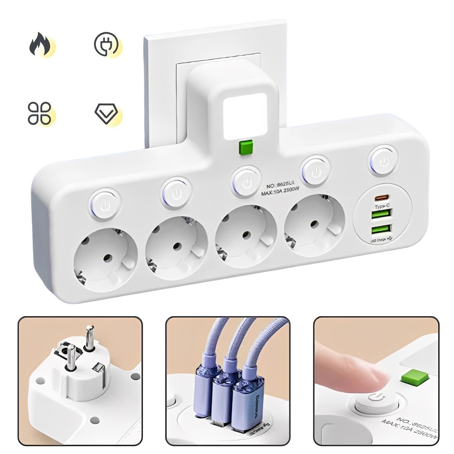 Bloc Multipriza, Bedee, 7-in-1, Priza Multipla, 2500W, cu Intrerupator ...