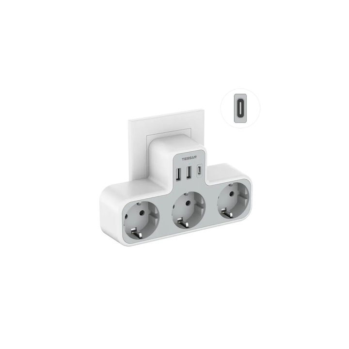 Priza Multipla Tessan TS-323-C, 3 prize F-Schuko, 1 x USB-C, 2 x USB-A ...