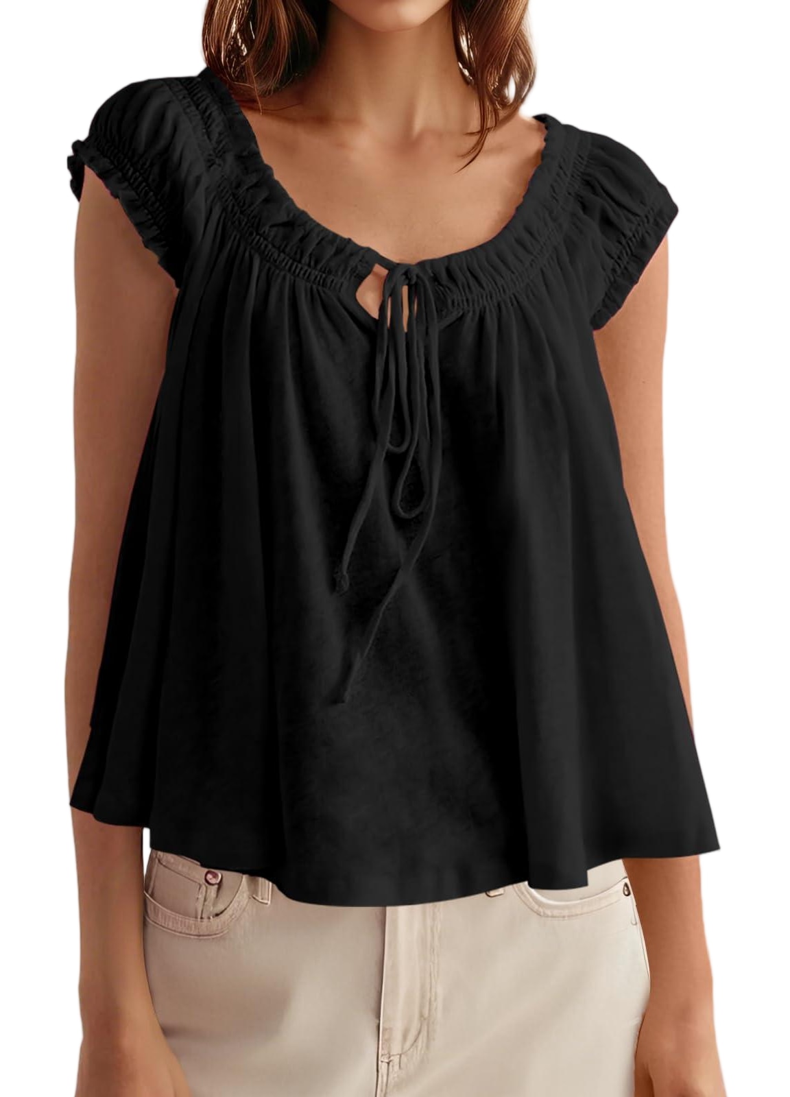 Bluza babydoll, Imily Bela, pliuri cu maneca scurta si nasture frontal ...