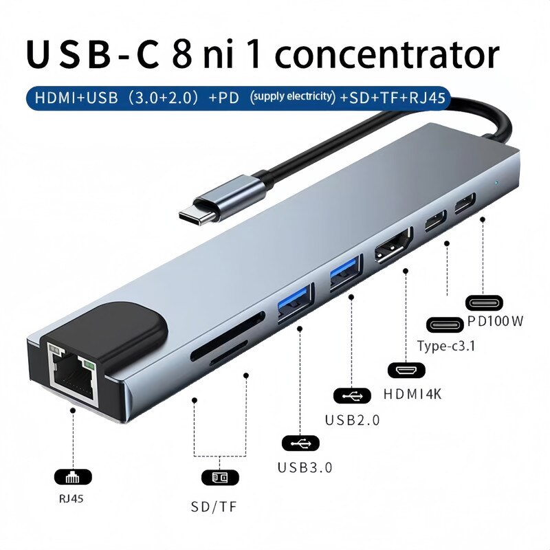 Statie de andocare multifunctionala 8 in 1, aluminiu, argintiu, 15.2x3 ...