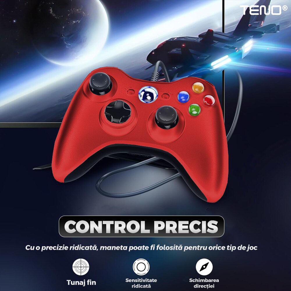Controller de Joc cu Fir Teno, cablu 2.5m, vibrații duble, roșu - eMAG.ro