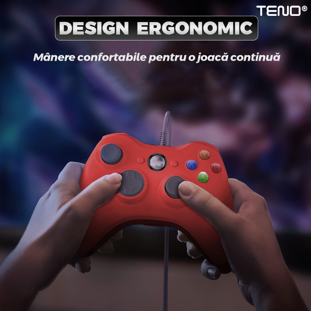 Controller de Joc cu Fir Teno, cablu 2.5m, vibrații duble, roșu - eMAG.ro