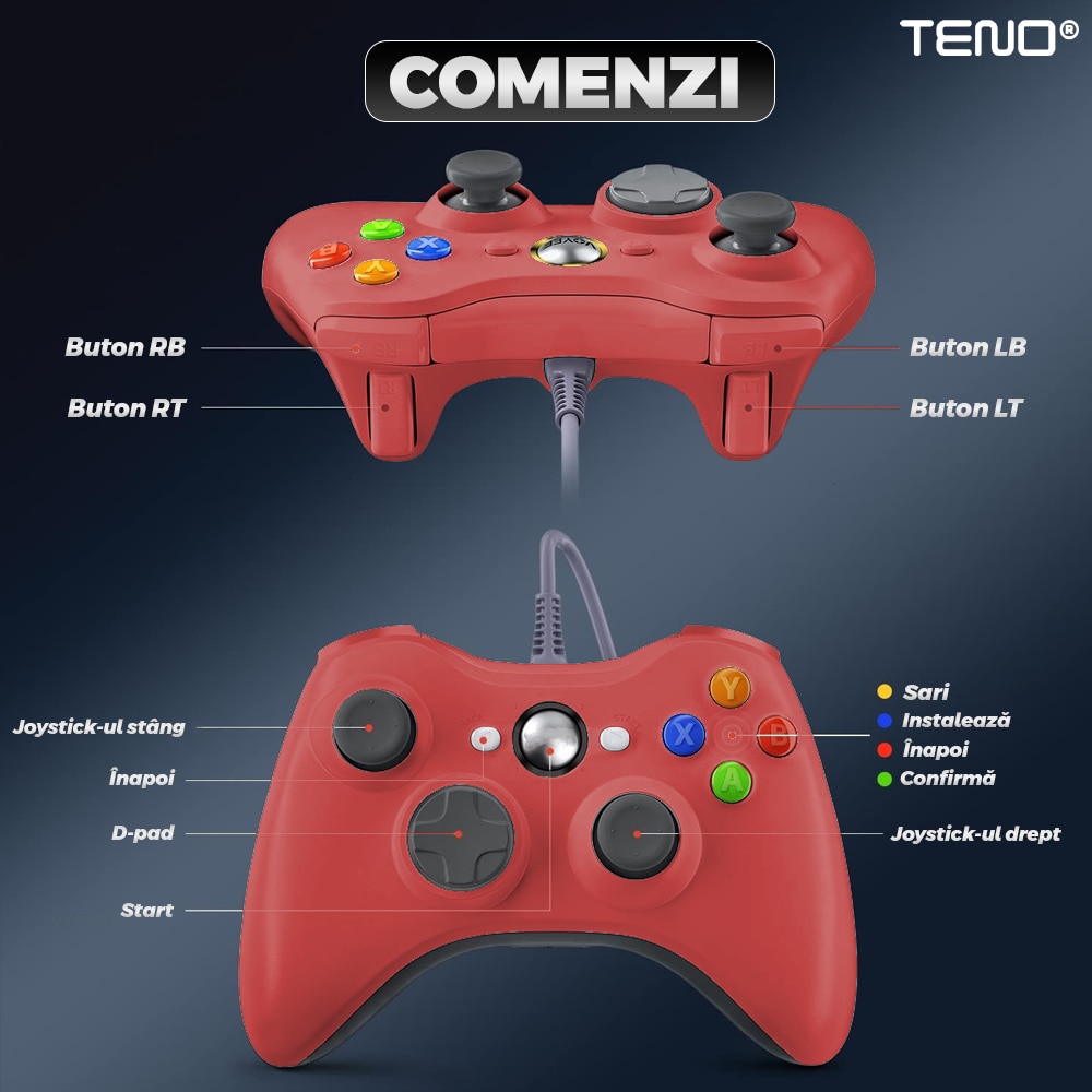 Controller de Joc cu Fir Teno, cablu 2.5m, vibrații duble, roșu - eMAG.ro
