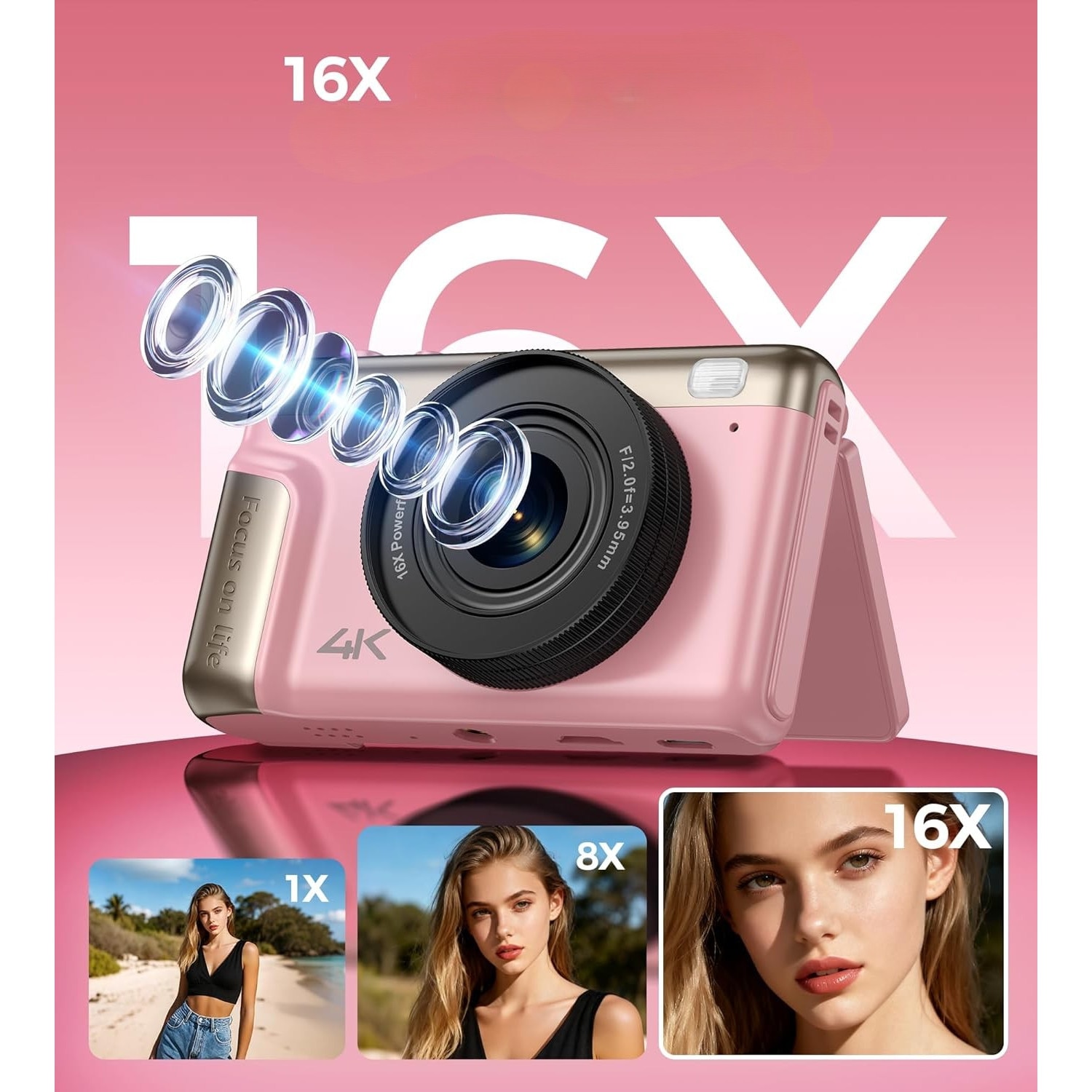 Cameră foto digitală, TOAIOHO, 64MP, 4K, ecran rabatabil 3 inch, roz ...