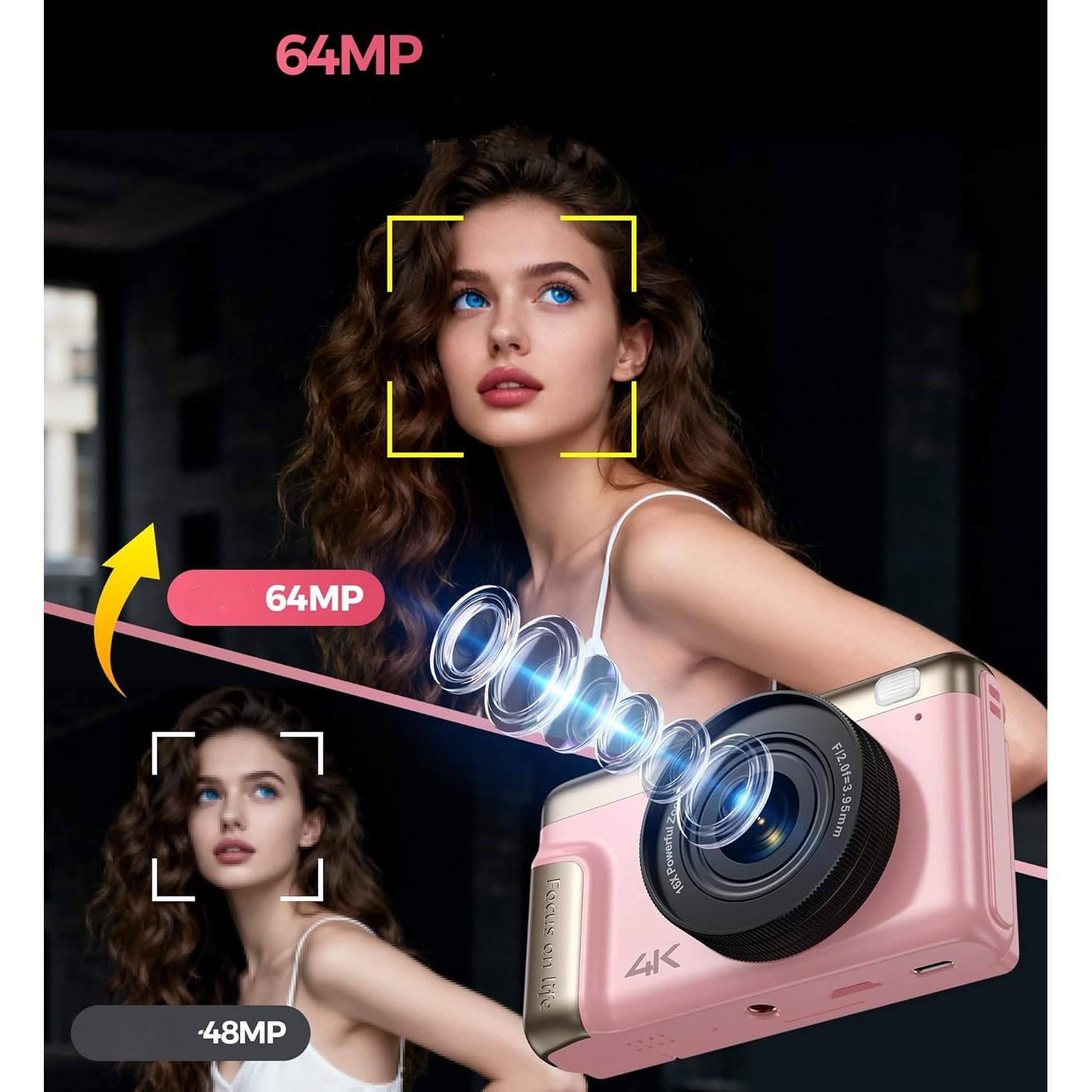 Cameră foto digitală, TOAIOHO, 64MP, 4K, ecran rabatabil 3 inch, roz ...