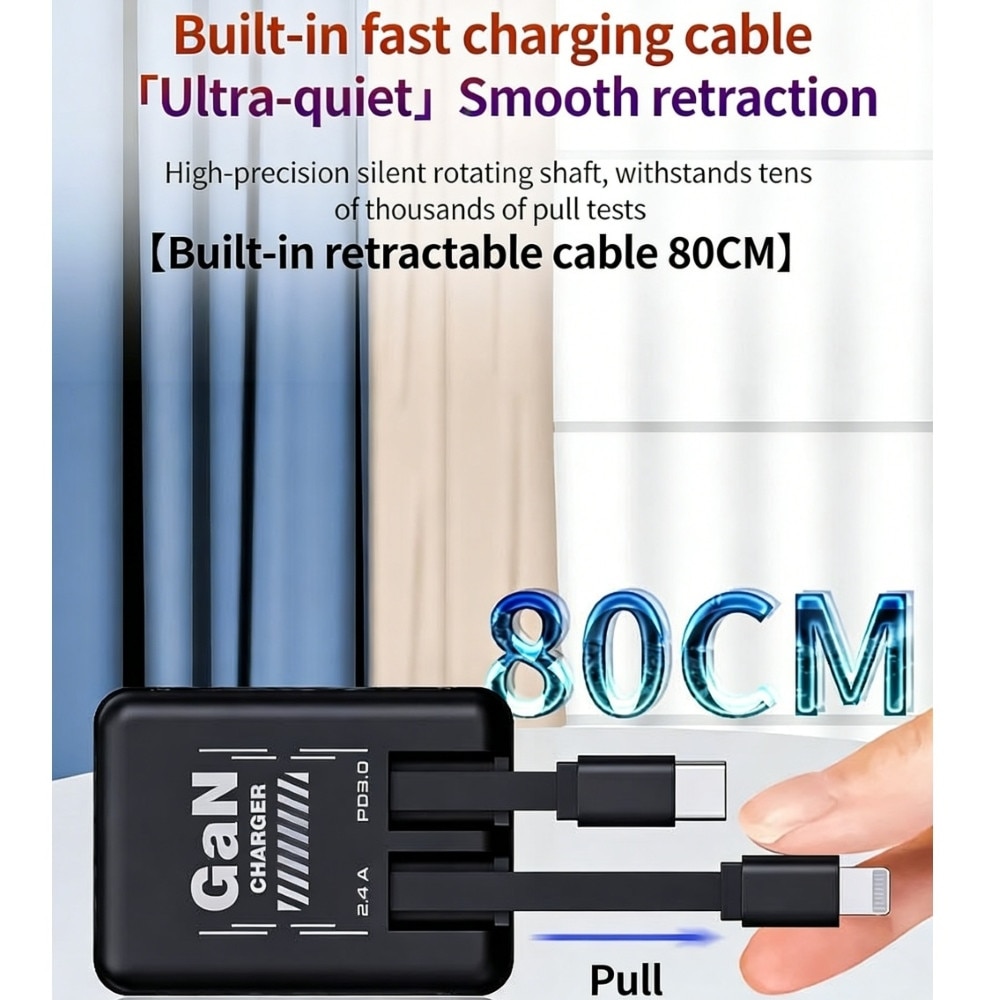 Incarcator GaN 20W cu Cabluri Integrate Retractabile (Tip-C si ...