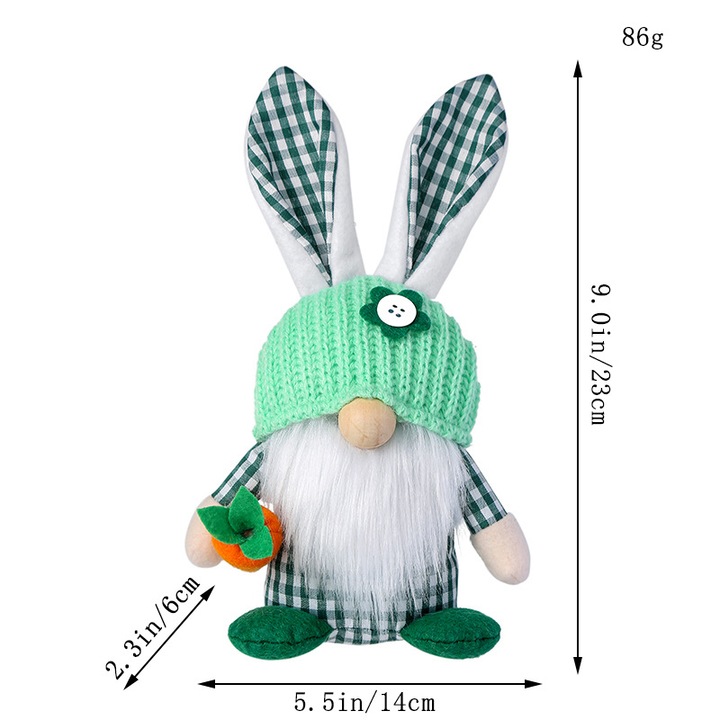Papusa de plus iepuras gnom cu urechi lungi, verde cu carouri, 23 cm ...