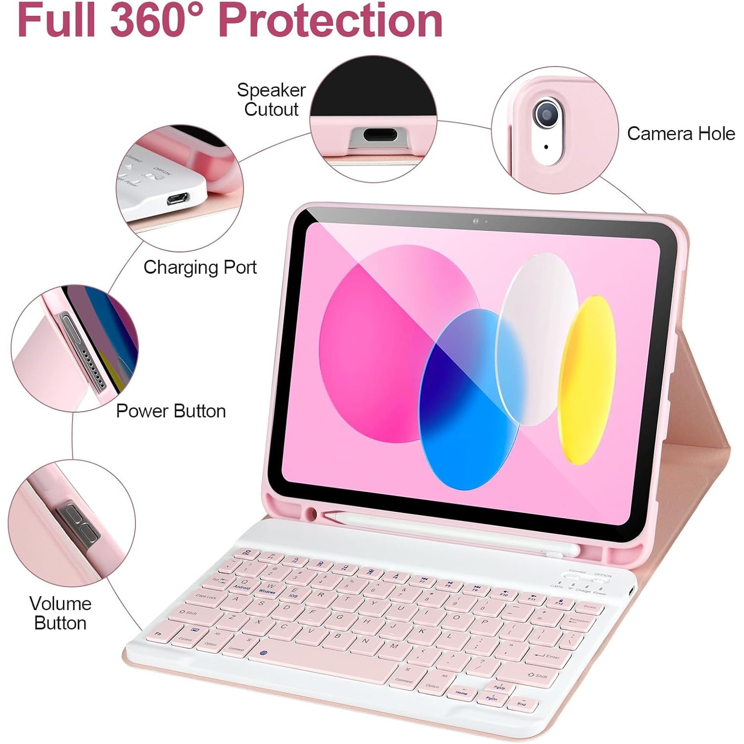 Husa cu Tastatură pentru Tabletă, Roz, Tastatură Bluetooth Detasabilă ...
