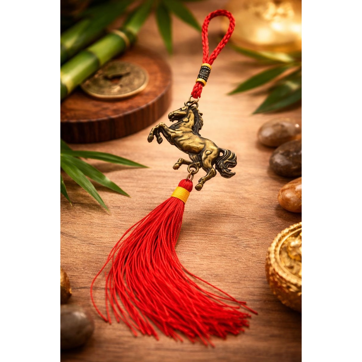 Amuleta feng shui Cal Norocos, Bla Bla Foam, Auriu-bronz cu snur roșu ...