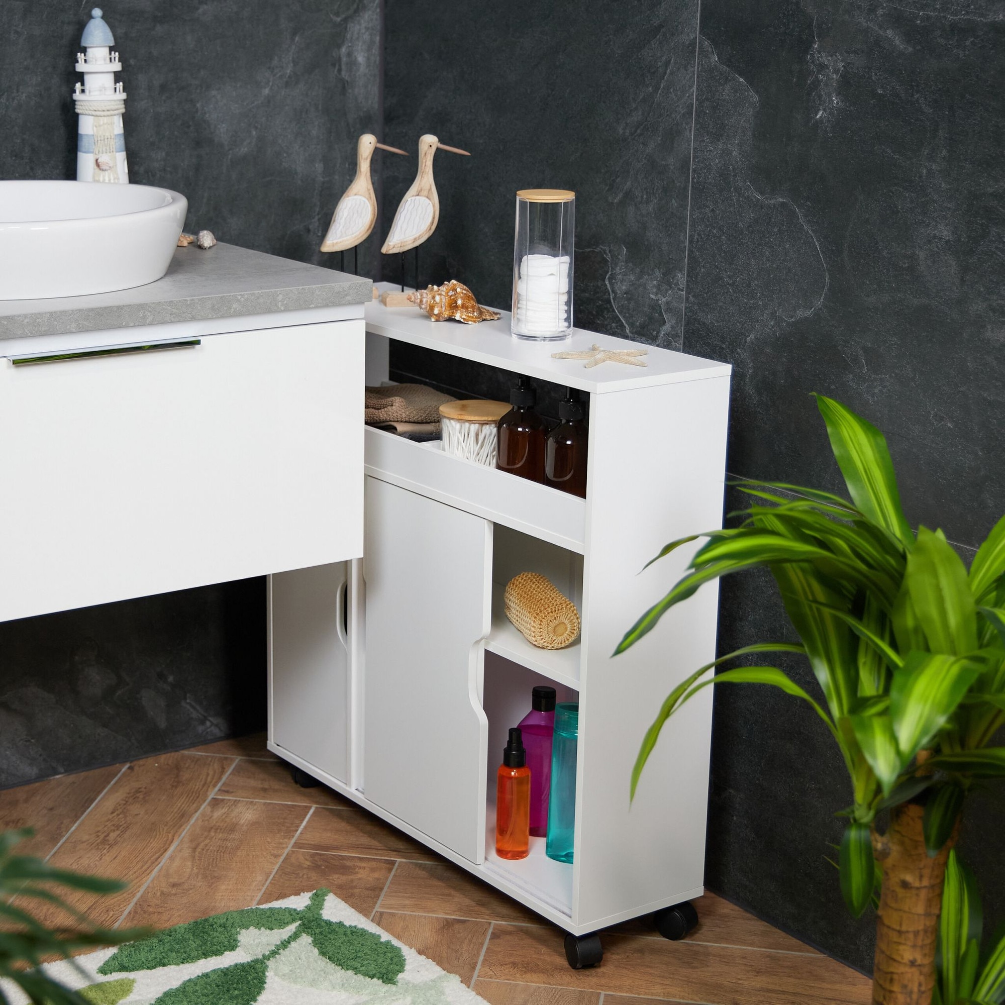 Raft ingust depozitare Relaxdays, din MDF, cu roti si usi glisante, 71. ...