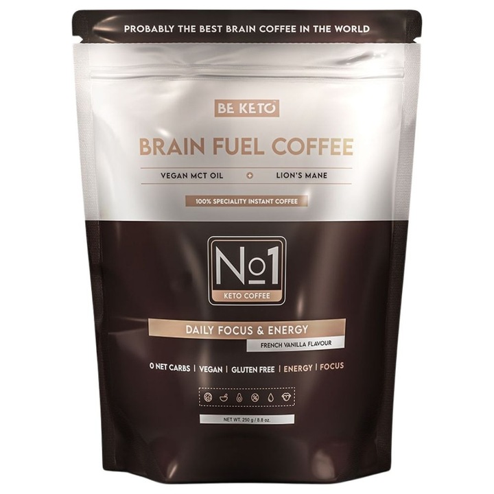 Cafea instant BeKeto Brain Fuel, vanilie, 250 g, cu Lion's Mane și ulei ...