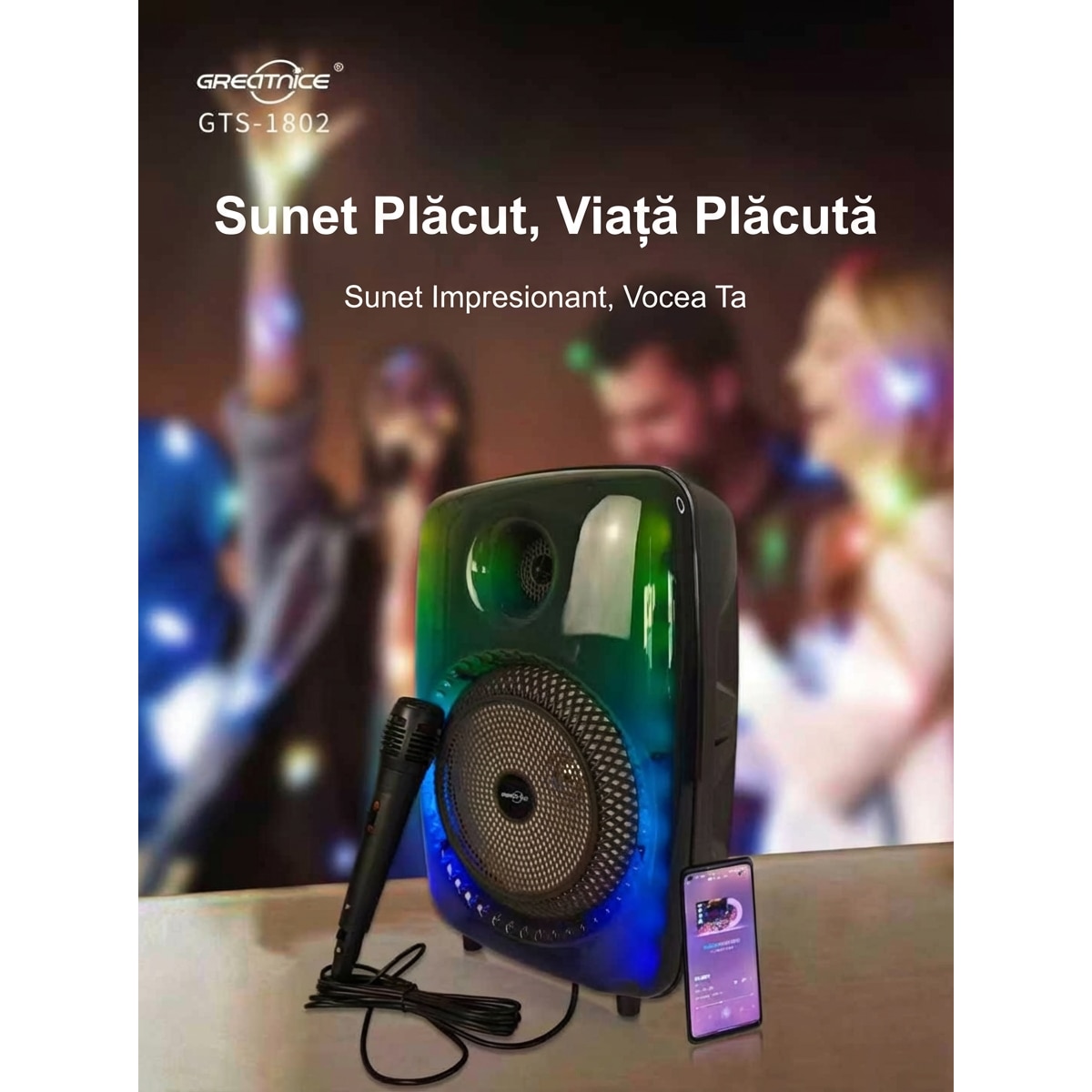 Boxa Bluetooth karaoke Elworld GTS-1802, microfon cu fir, iluminare LED ...