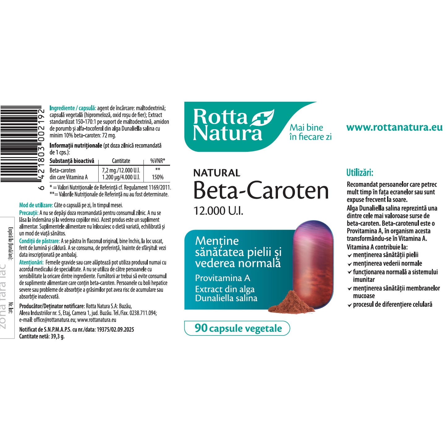 Beta Caroten Natural 12,000 U.I, extract din alga Dunaliella salina ...
