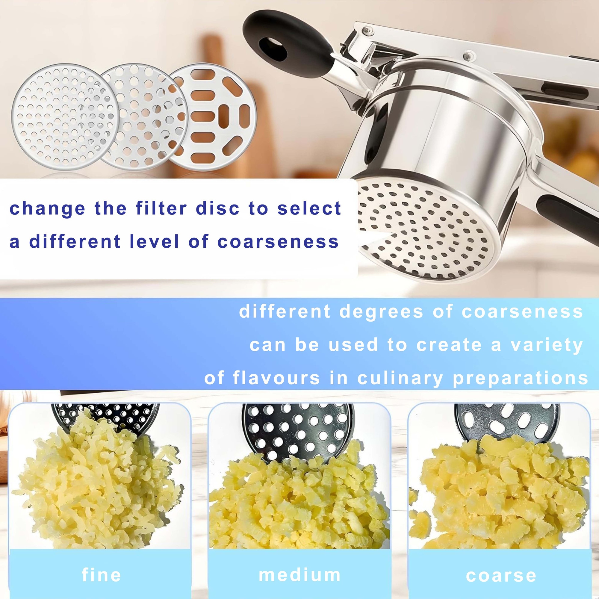 Presa pentru piure de cartofi, Hokitpro, 3 site interschimbabile, inox ...