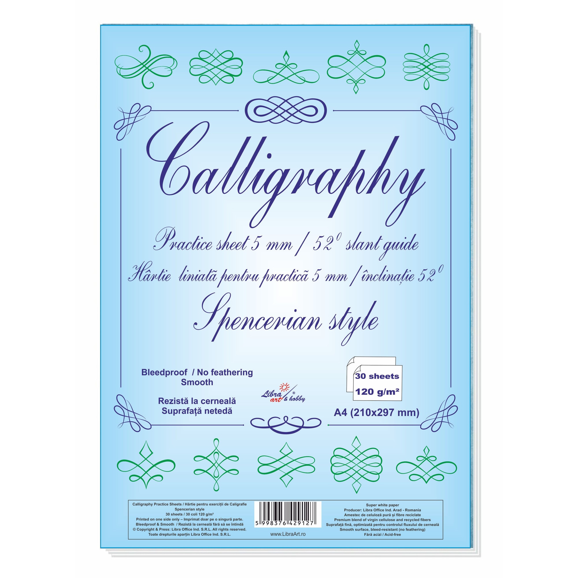 Hartie caligrafie liniata Libra, set 30 coli A4, 120g, 5mm, inclinatie ...
