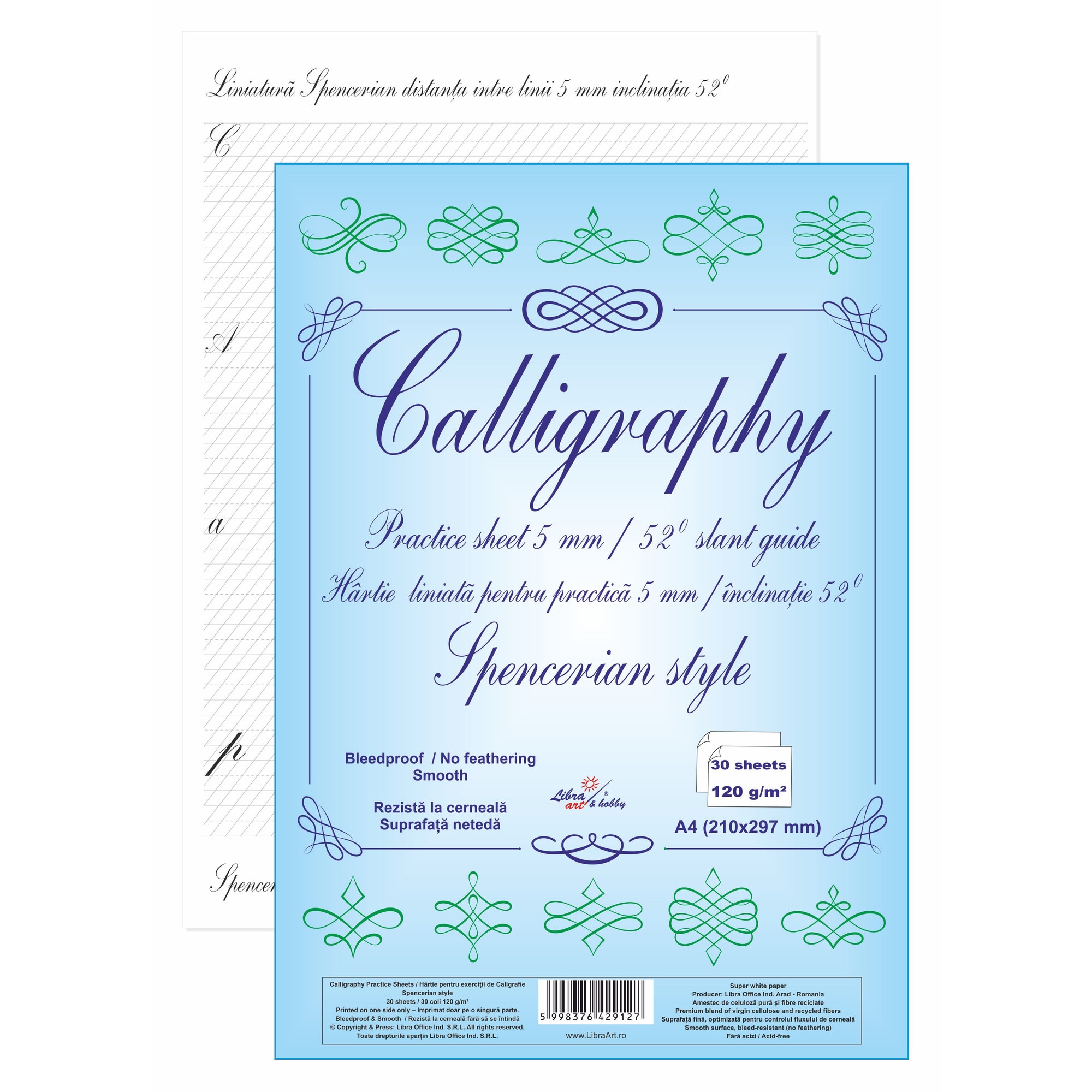 Hartie caligrafie liniata Libra, set 30 coli A4, 120g, 5mm, inclinatie ...
