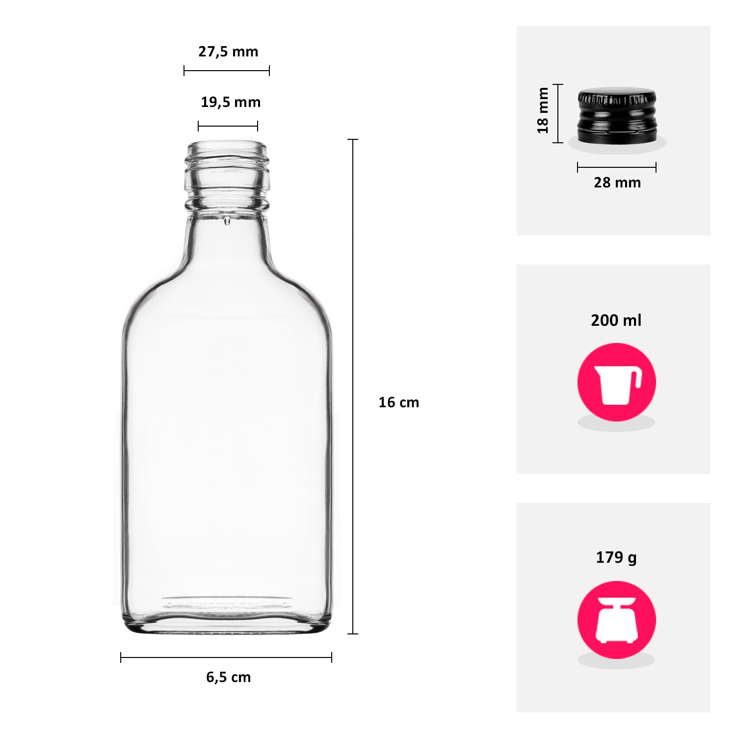 Set 5 sticle tip plosca din sticla, 200 ml, cu capac cu filet, pentru ...